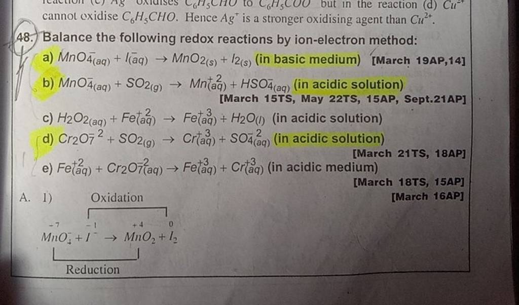48 Balance The Following Redox Reactions By Ion Electron Method A Mno4