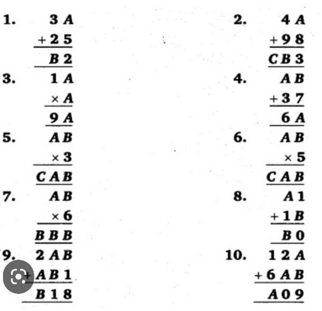 1. 3A 2. 4A 3. 1A B2+25 4. ABCB3 5. 9A×A 6. AB6A+37 7. CAB×3 8. A..