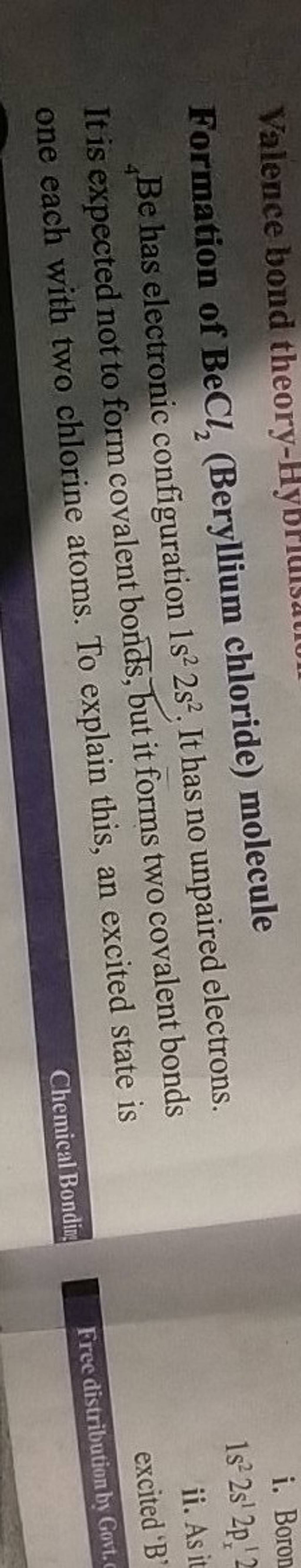 Formation of BeCl2 (Beryllium chloride) molecule 4 Be has electronic co..