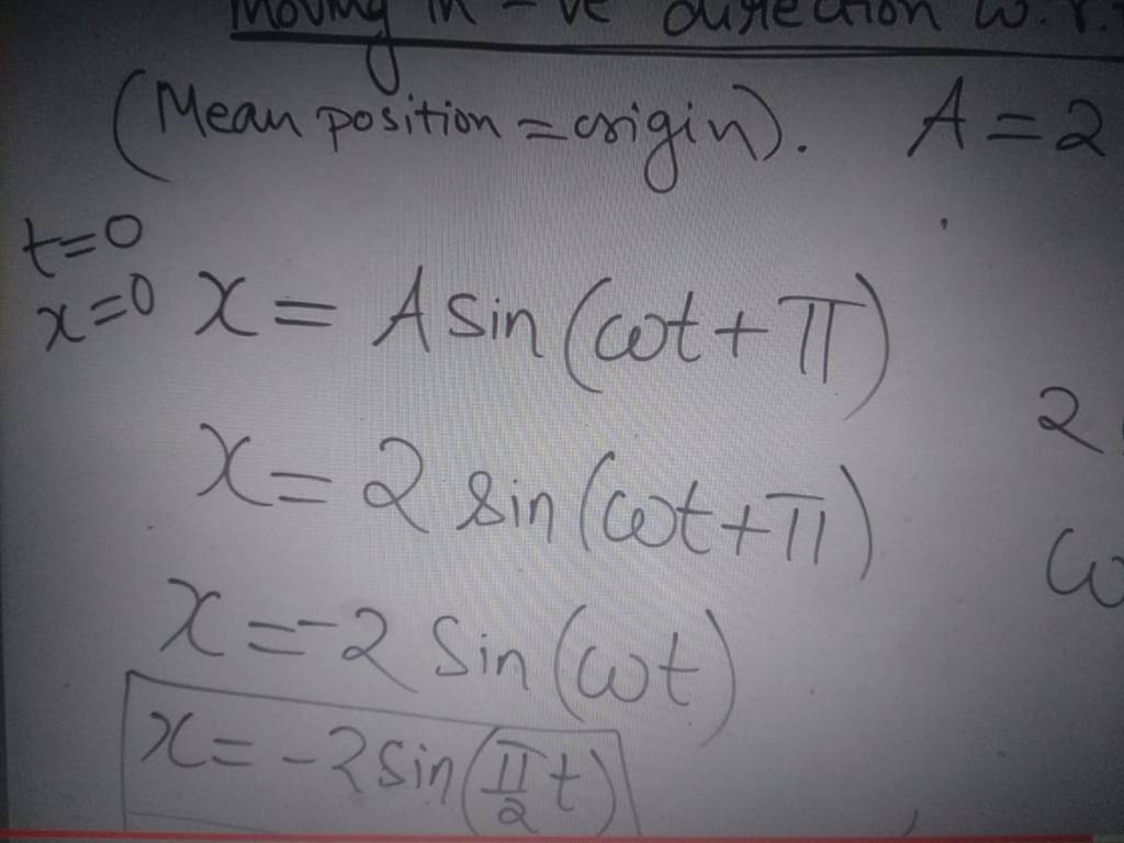 (Mean position =origin). A=2 t=0x=0x=2sin(ωt+π)x=2sin(ωt+π)x=−2sin(ωt)x=−..