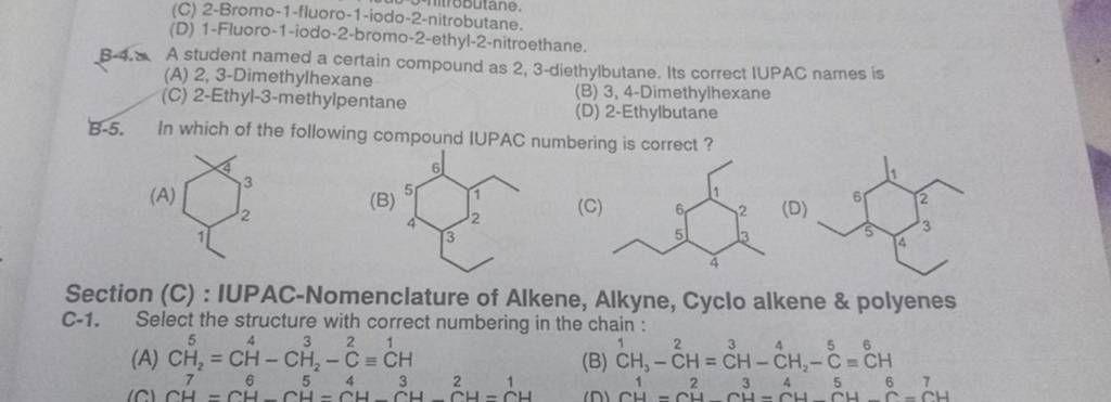 Section (C) : IUPAC-Nomenclature of Alkene, Alkyne, Cyclo alkene \& polye..