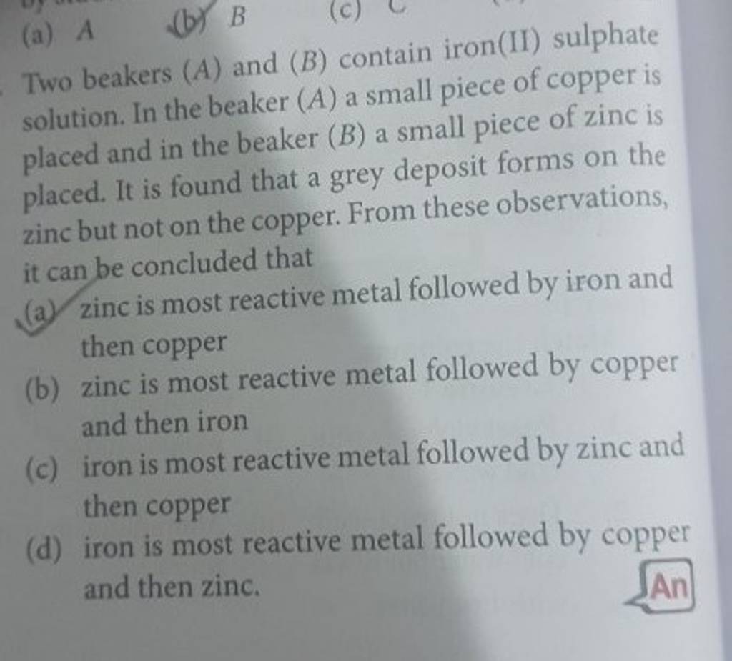 Two beakers (A) and ( B ) contain iron(II) sulphate solution. In the beak..