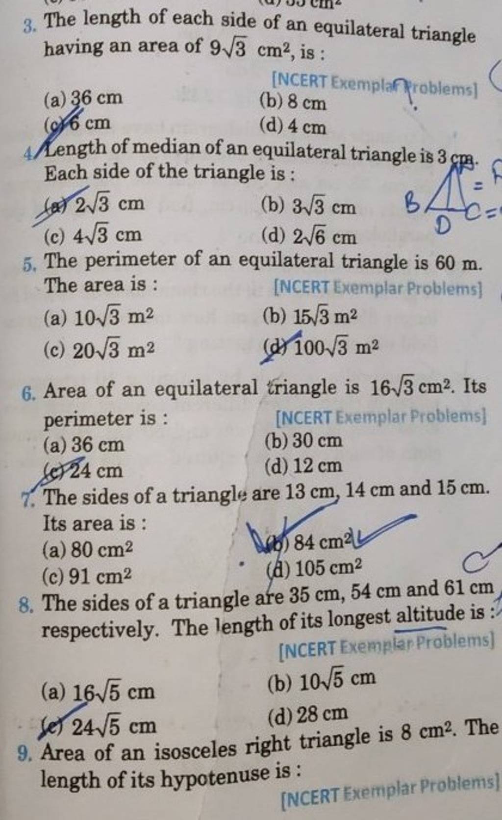 3. The length of each side of an equilateral triangle having an area of 9..