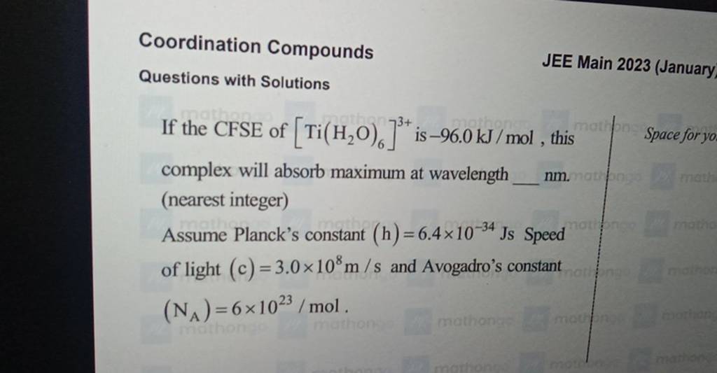 Coordination Compounds JEE Main 2023 (January, Questions with Solutions I.. Coordination Compounds JEE Main 2023 (January, Questions with Solutions I..