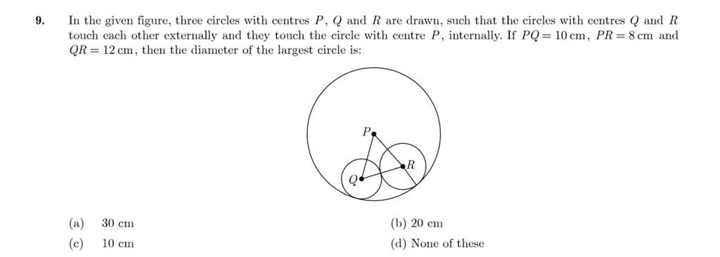 9. In the given figure, three circles with centres P,Q and R are drawn, s..