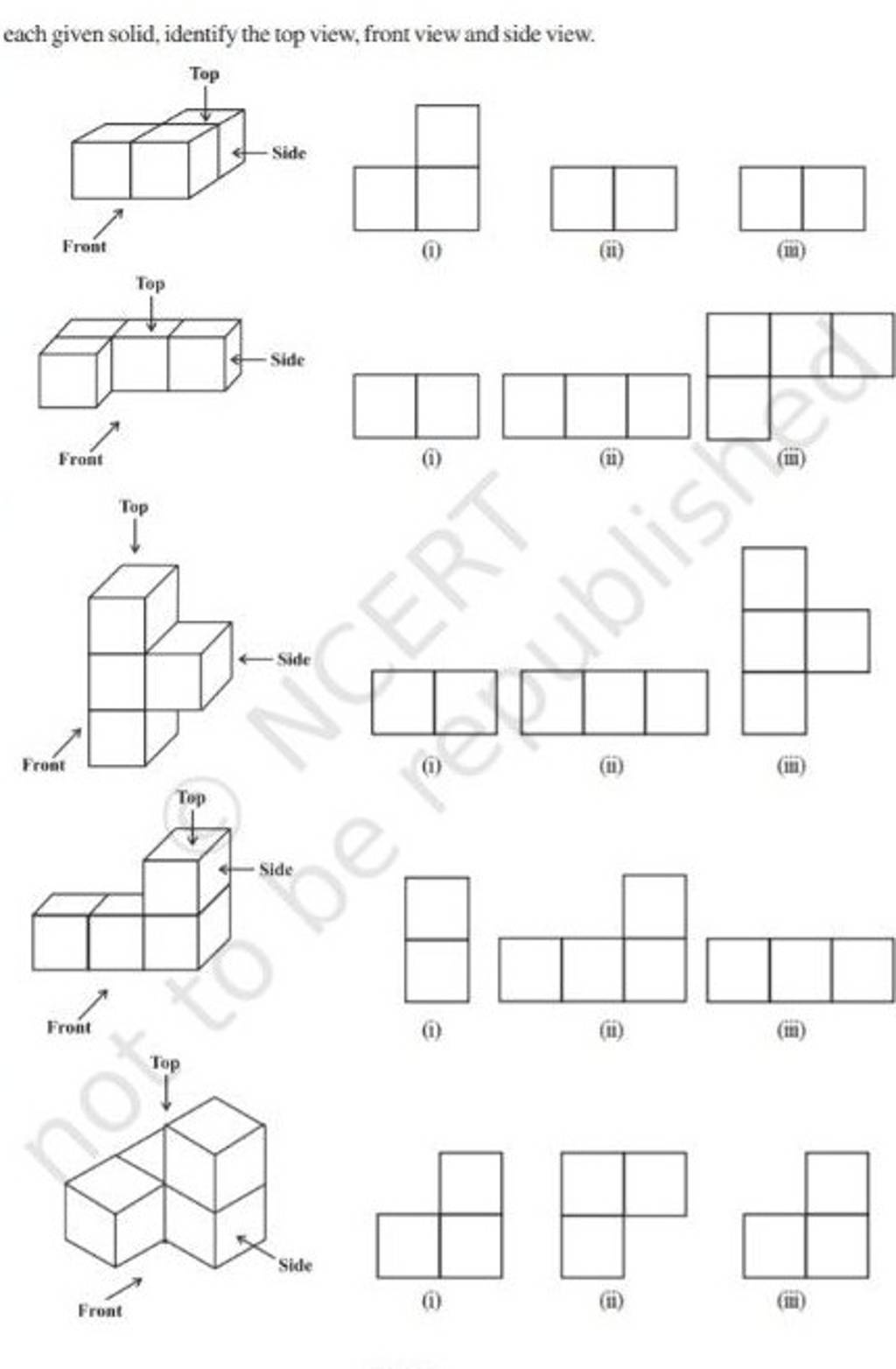 each given solid, identify the top view, front view and side view. (iii) each given solid, identify the top view, front view and side view. (iii)