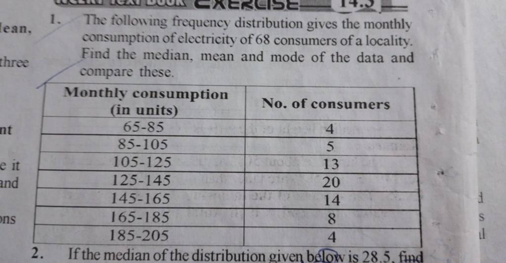 1. The following frequency distribution gives the monthly consumption of