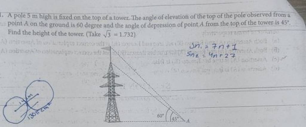 A pole 5 m high is fixed on the top of a tower. The angle of elevation of..