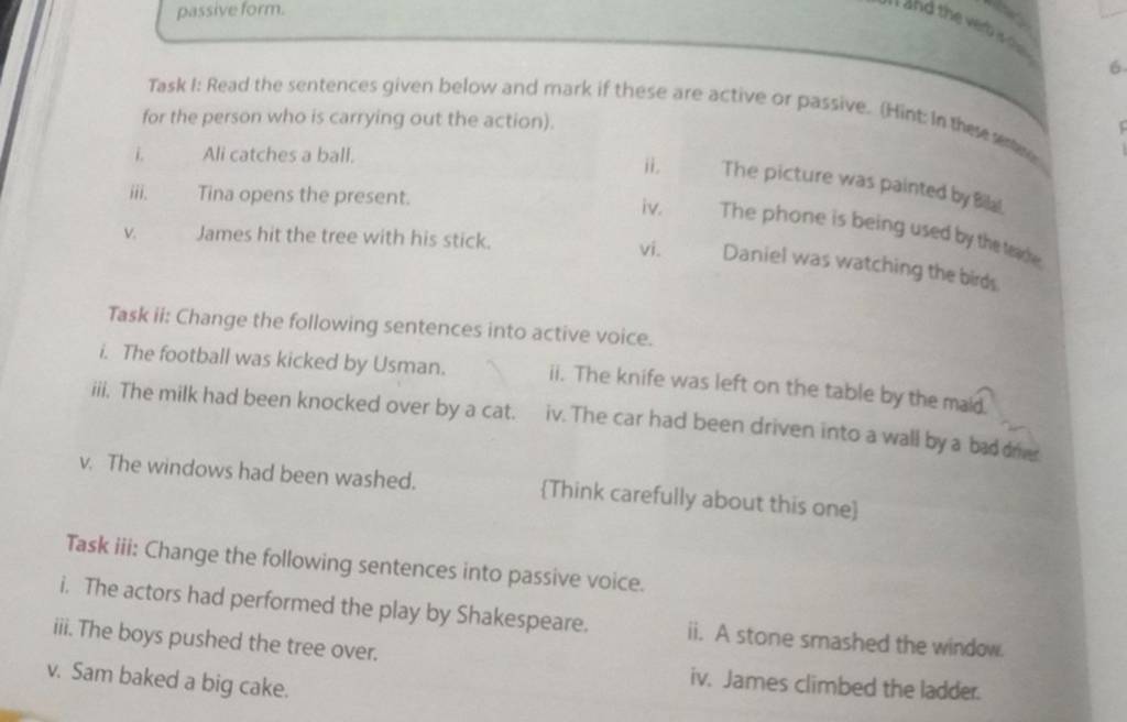 Task ii: Change the following sentences into active voice | Filo