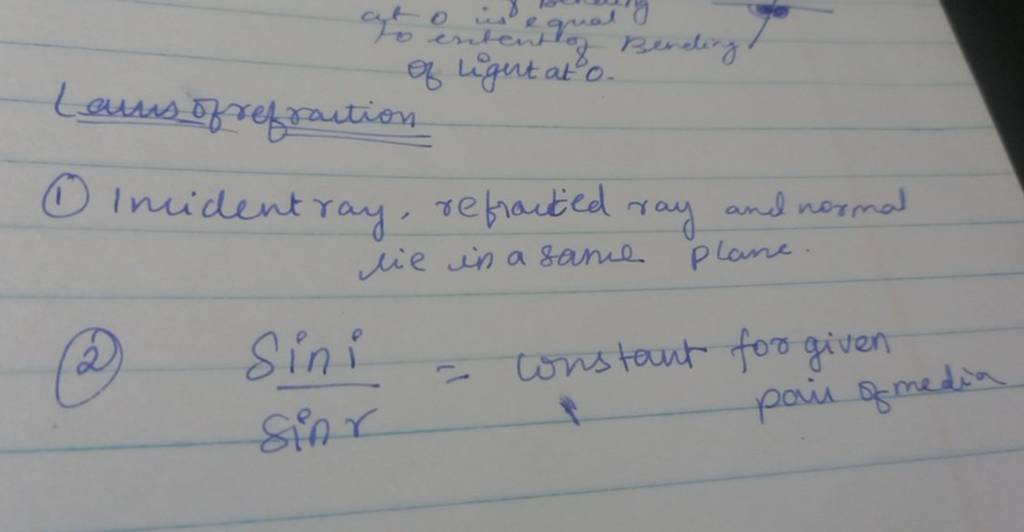 Leuns of refraction (1) Incident ray, refroutied ray and normal lie in a