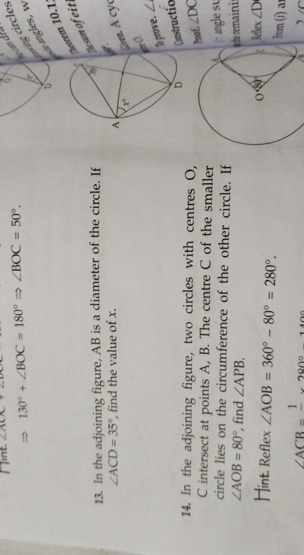 13. In the adjoining figure, AB is a diameter of the circle. If ∠ACD=35∘,..