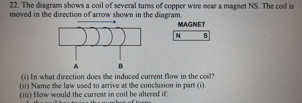 22. The diagram shows a coil of several turns of copper wire near a magne..
