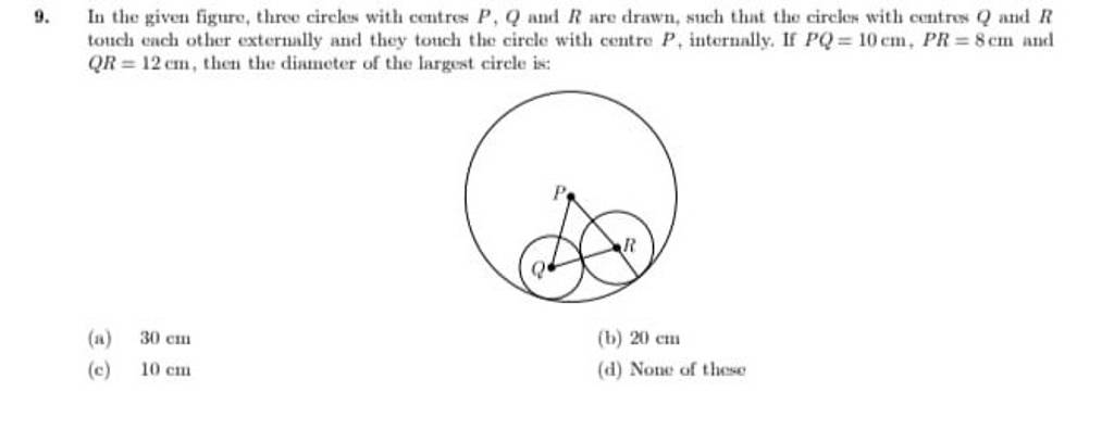 9. In the given figure, three circles with centres P,Q and R are drawn, s..