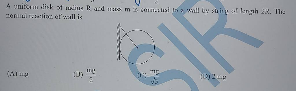 A uniform disk of radius R and mass m is connected to a wall by string of..