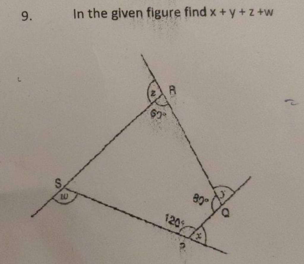 9. In the given figure find x+y+z+w | Filo 9. In the given figure find x+y+z+w | Filo