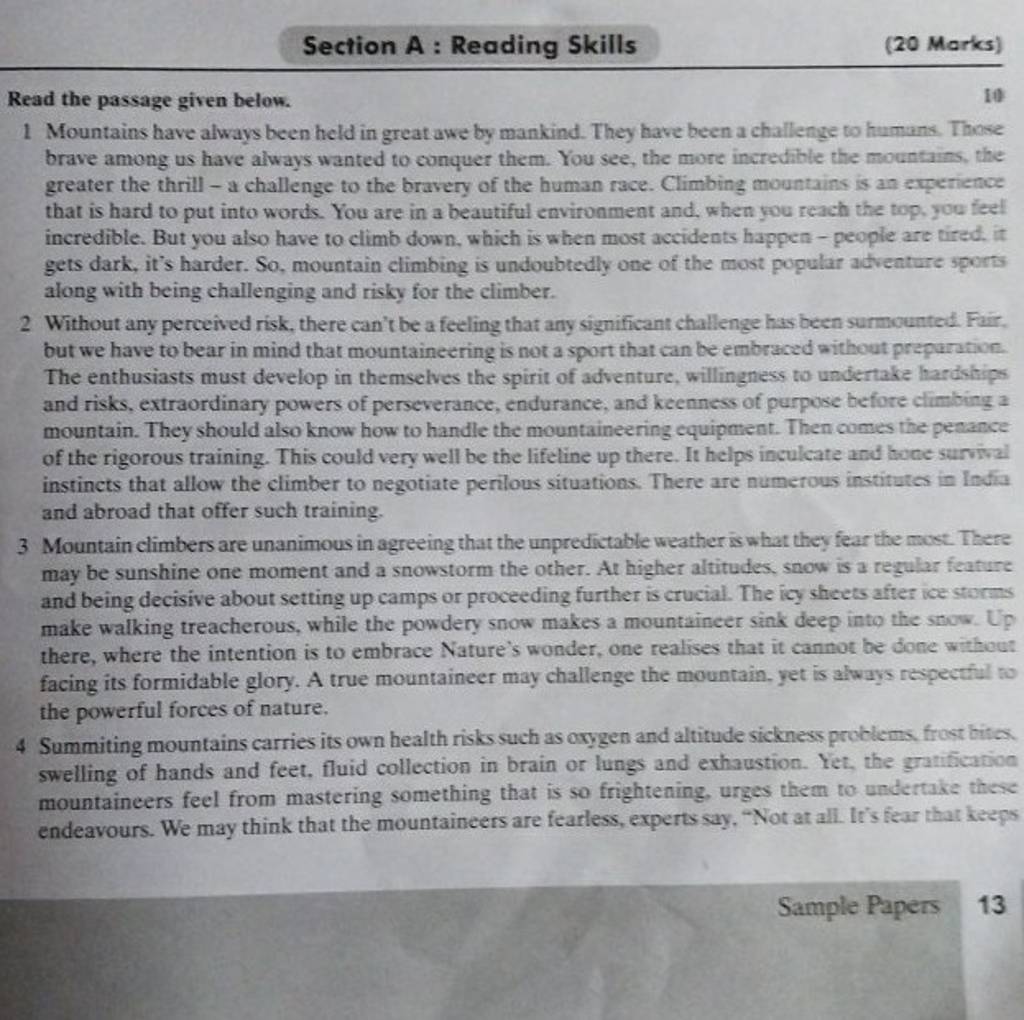 Section A : Reading Skills (20 Marks) Read the passage given below. 1 Mou.. Section A : Reading Skills (20 Marks) Read the passage given below. 1 Mou..