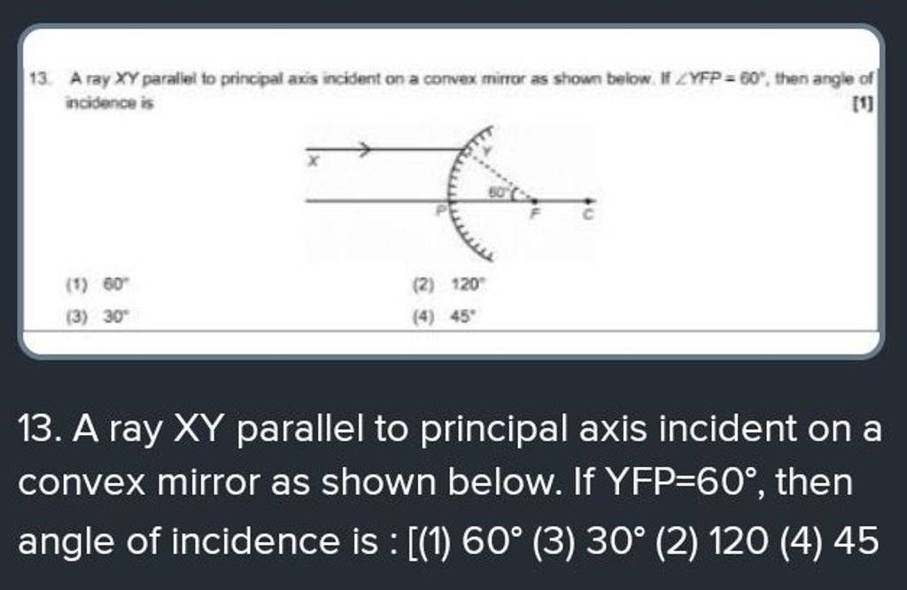 A ray XY paraliel to principal axis incident on a convex mirror as shown