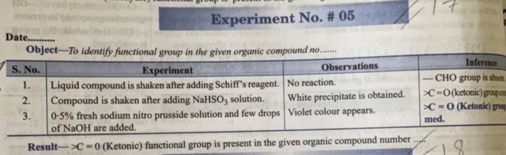 Experiment No. \# 05 Date. Object-To identify functional group in the giv..