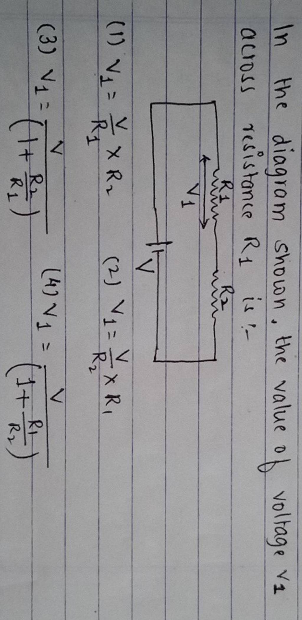 In the diagram shown, the value of voltage v1 across resistance R1 is:-..