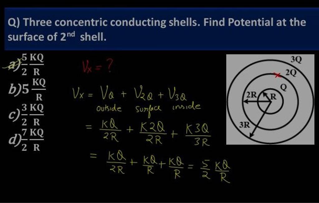 Q) Three concentric conducting shells. Find Potential at the surface of 2..