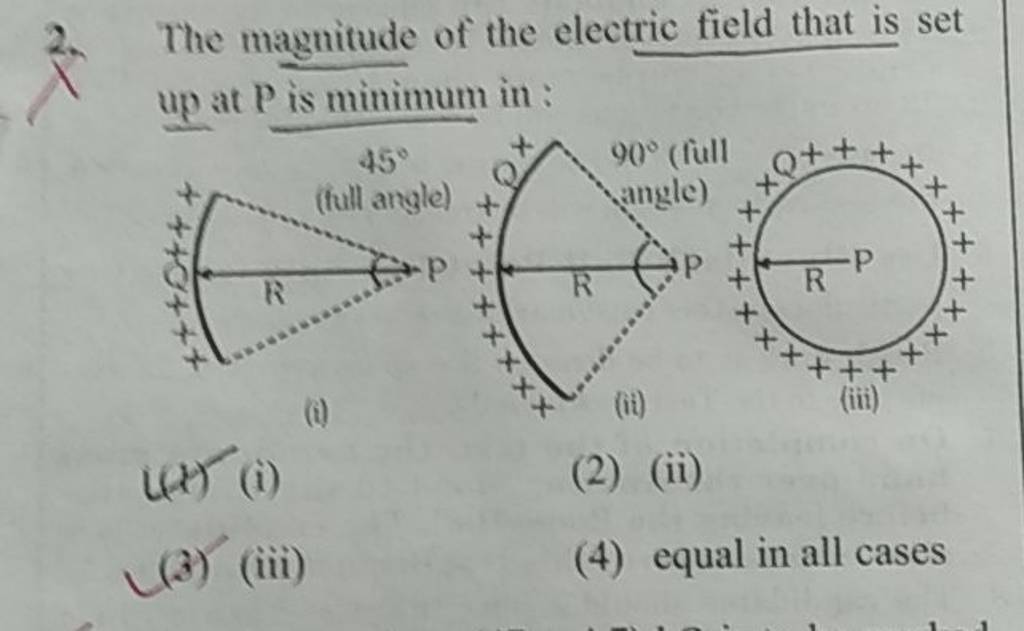 2. The magnitude of the electric field that is set up at P is minimum in:..