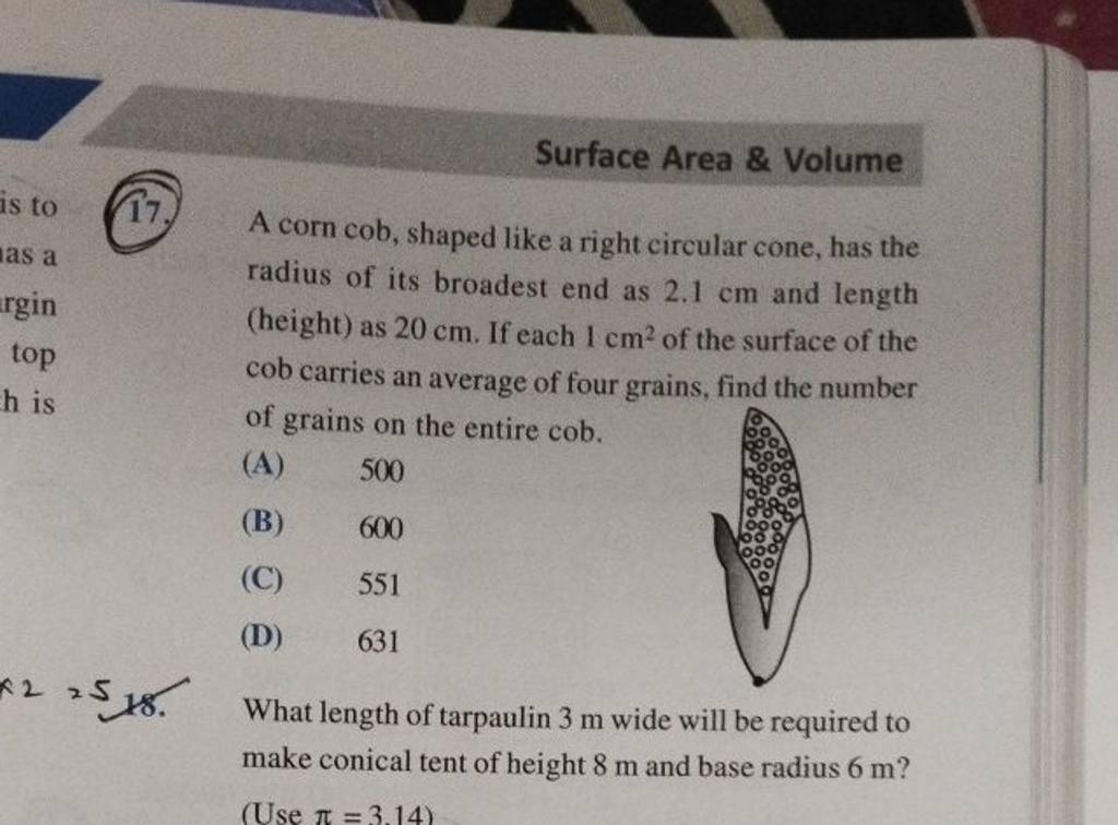 Surface Area \& Volume 17. A corn cob, shaped like a right circular cone,..