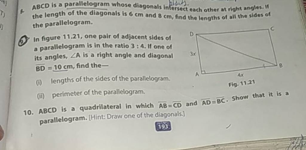 8. ABCD is a parallelogram whose diagonals intersect each other at right