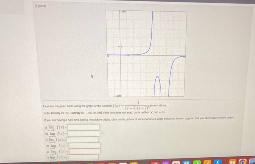 (1 point) Evaluate the given limits using the graph of the function f(x)=.. (1 point) Evaluate the given limits using the graph of the function f(x)=..