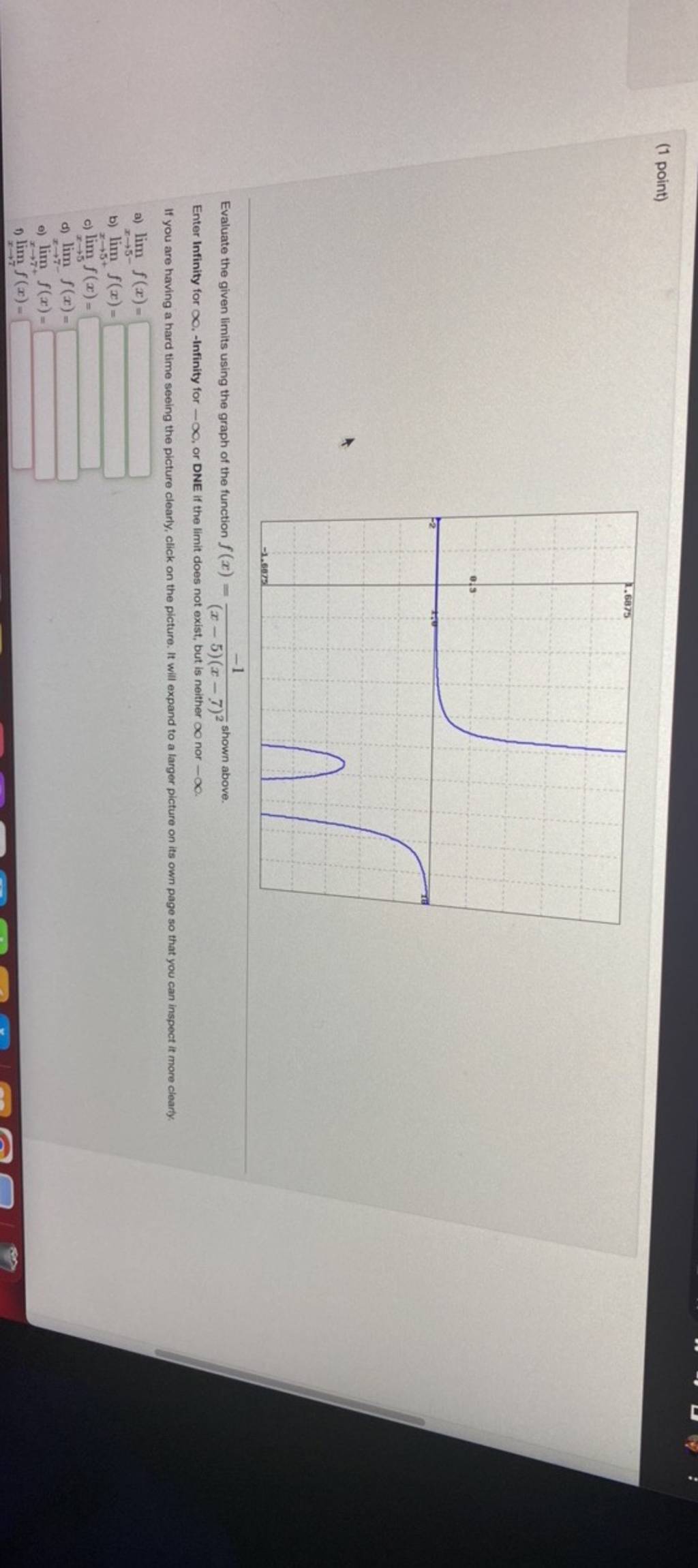 (1 point) Evaluate the given limits using the graph of the function f(x)=.. (1 point) Evaluate the given limits using the graph of the function f(x)=..
