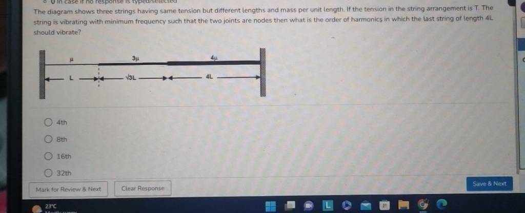 The diagram shows three strings having same tension but different lengths..