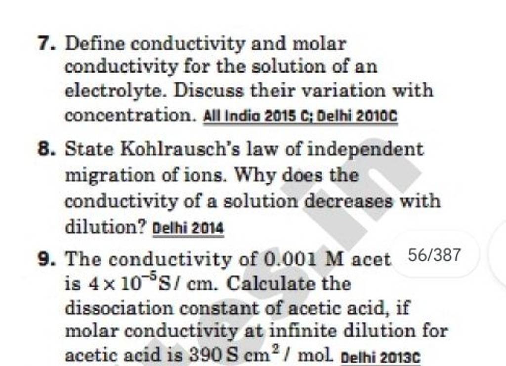 7. Define conductivity and molar conductivity for the solution of an elec..