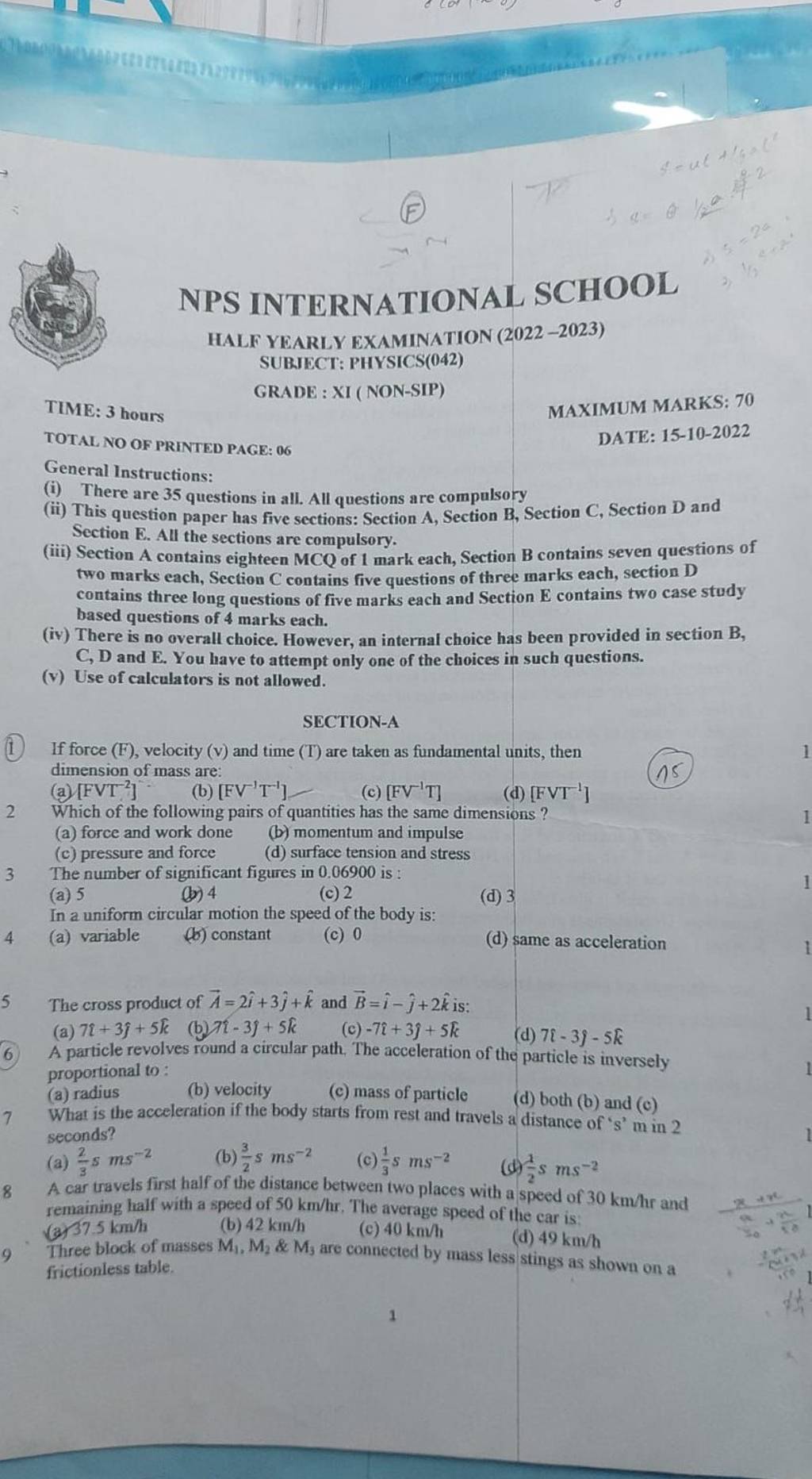 NPS INTERNATIONAL SCHOOL HALF YEARLY EXAMINATION (2022−2023) SUBJECT: PHY..