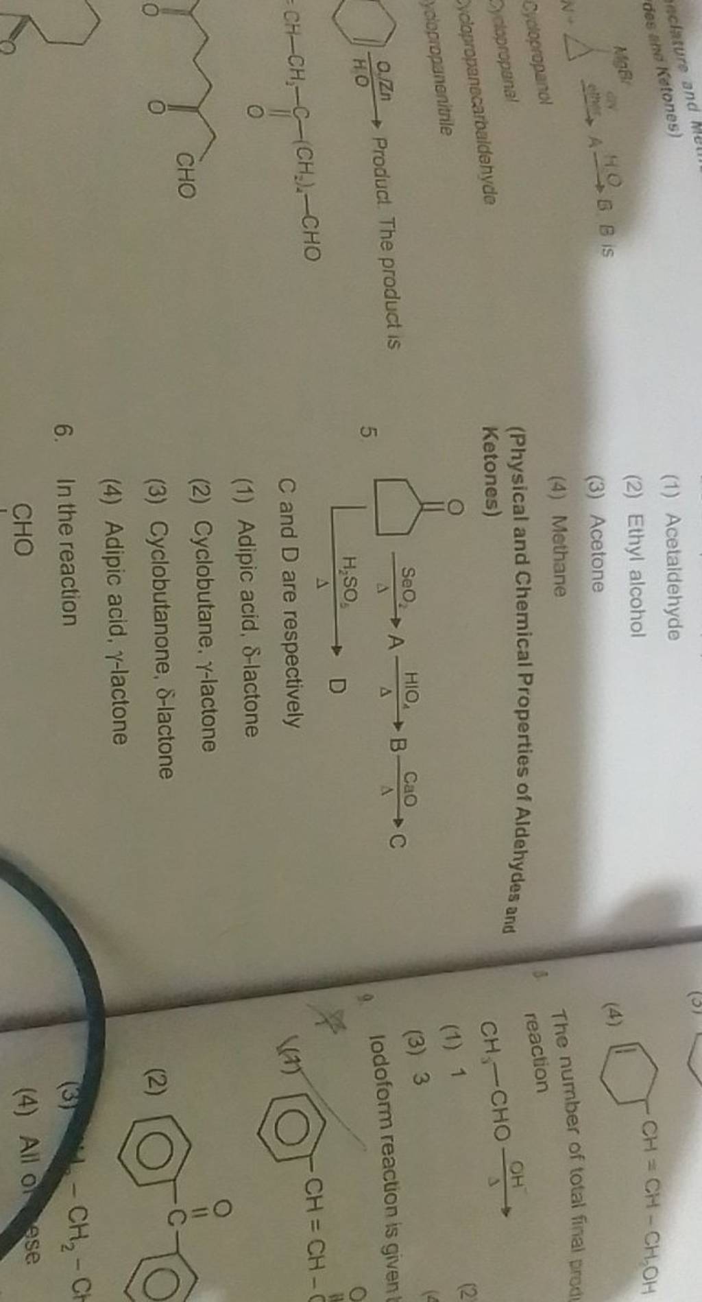 (1) Acetaldehyde (2) Ethyl alcohol (3) Acetone (A) (4) Methane (Physical