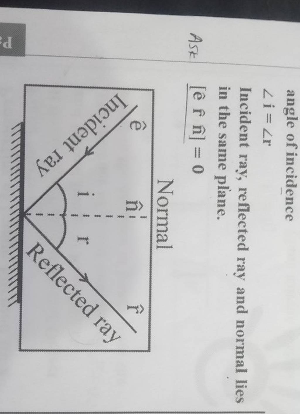 angle of incidence ∠i=∠r Incident ray, reflected ray and normal lies in t.. angle of incidence ∠i=∠r Incident ray, reflected ray and normal lies in t..
