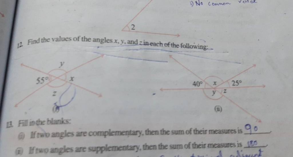 2 12. Find the values of the angles x,y, and z in each of the following: