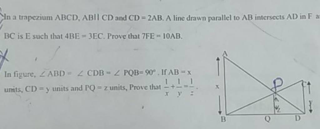 In a trapezium ABCD,AB∣lCD and CD=2AB.A line drawn parallel to AB interse..