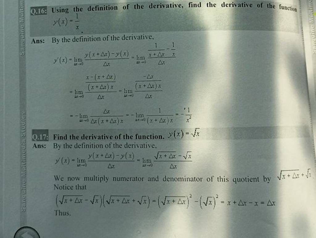 Q.16: Using the definition of the derivative, find the derivative of the