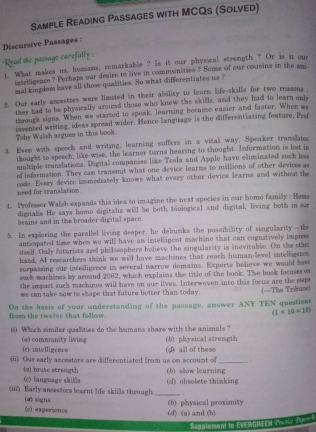 SAMPLE READING PASSAGES WITH MCQS SOLVED Discursive Passages Read The SAMPLE READING PASSAGES WITH MCQS SOLVED Discursive Passages Read The