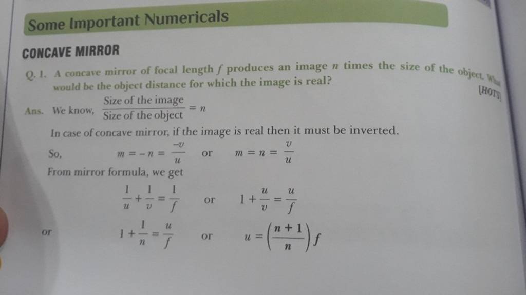Some Important Numericals CONCAVE MIRROR Q. 1. A concave mirror of focal