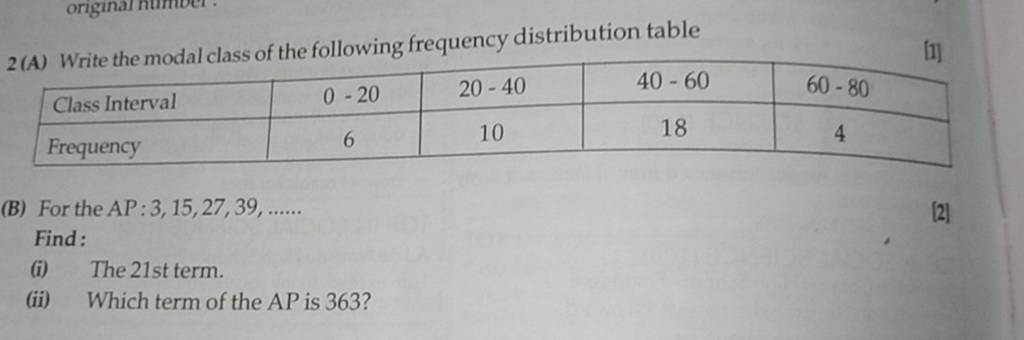 2 (A) Write the modal class of the following frequency distribution table..