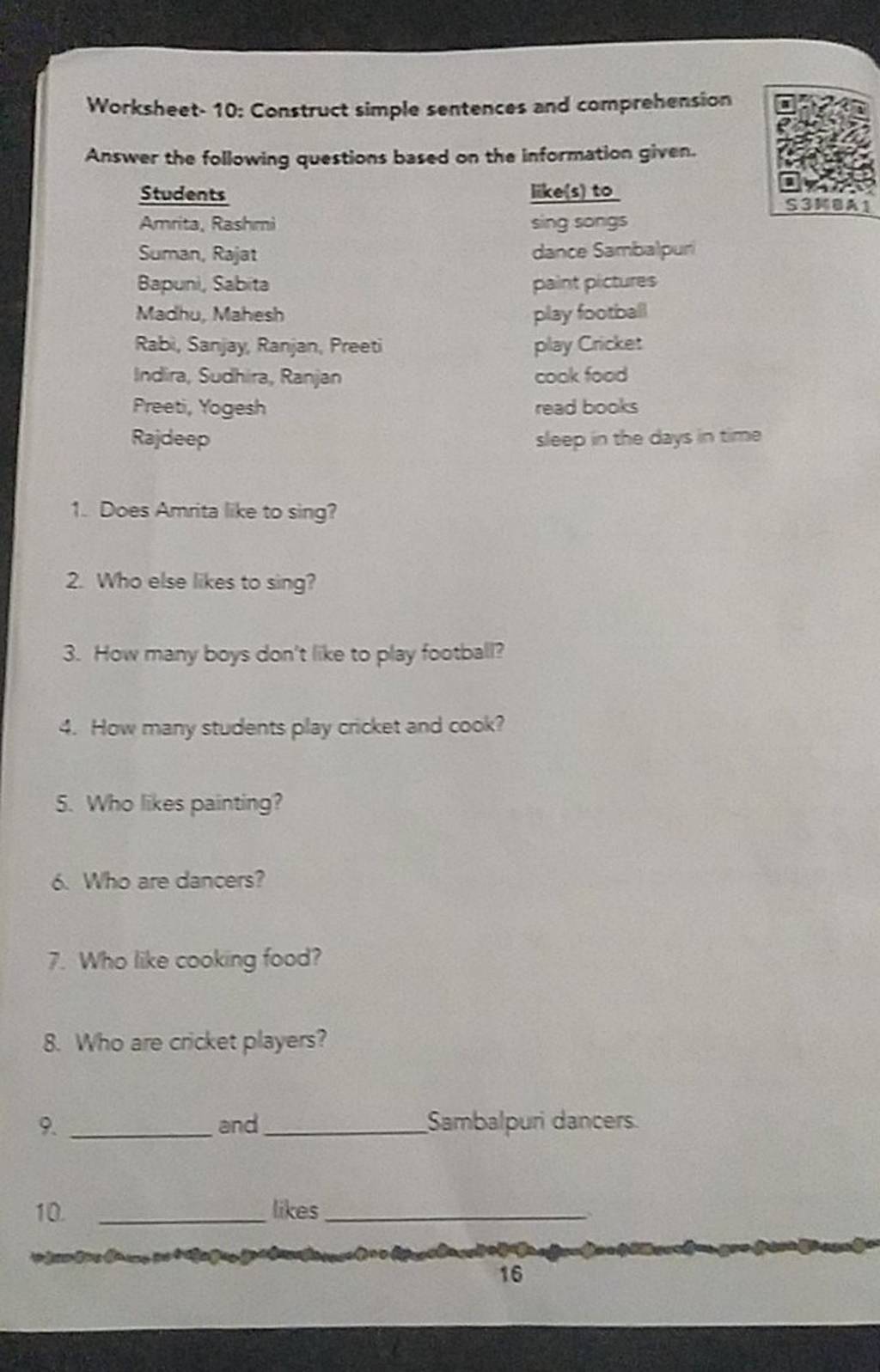 Worksheet- 10: Construct simple sentences and comprehension Answer the fo..