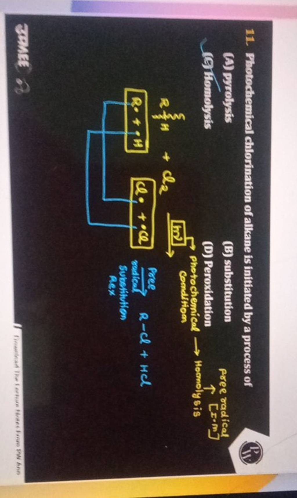 11. Photochemical chlorination of alkane is initiated by a process of (B)..