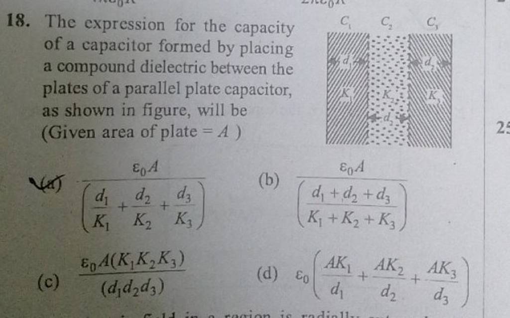 The expression for the capacity of a capacitor formed by placing a compou..