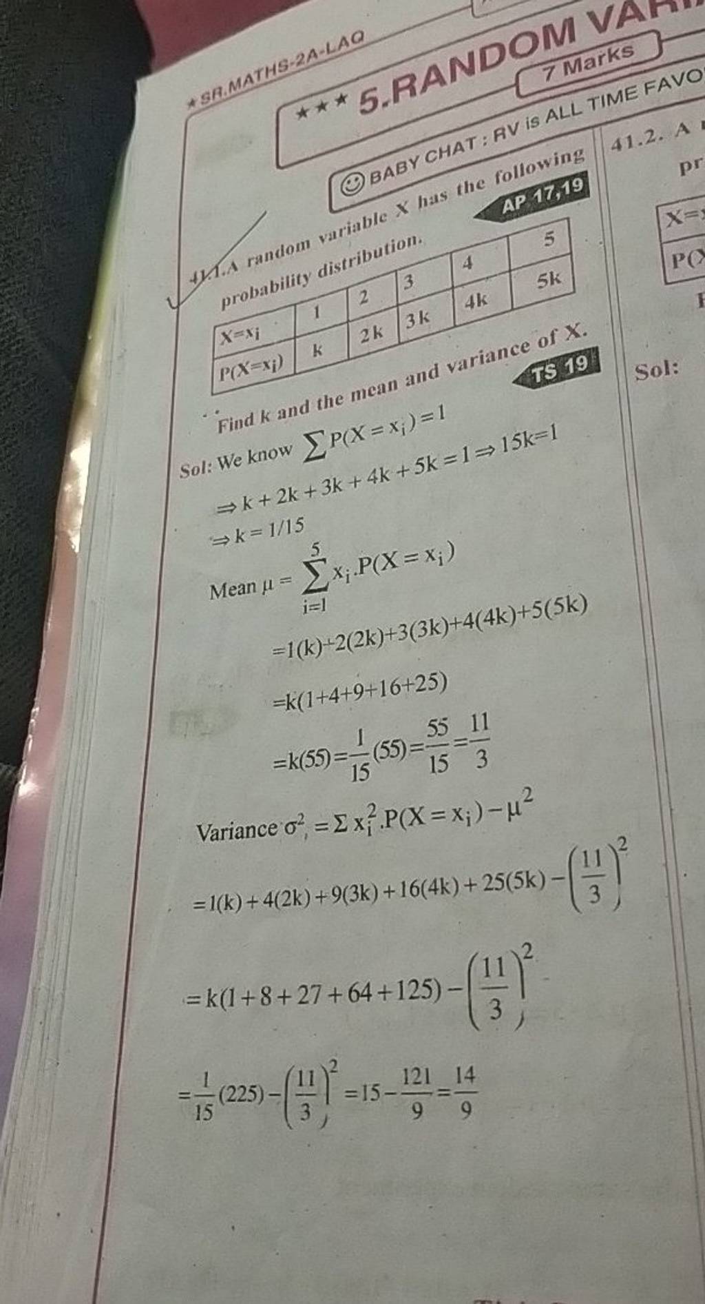 * SA. MATH S. 4 A 7 Marks Sol: We know ∑ and the mean and variance of X.