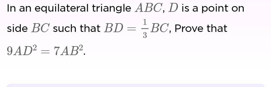 In An Equilateral Triangle Abc D Is A Point On Side Bc Such That Bd 31 Bc