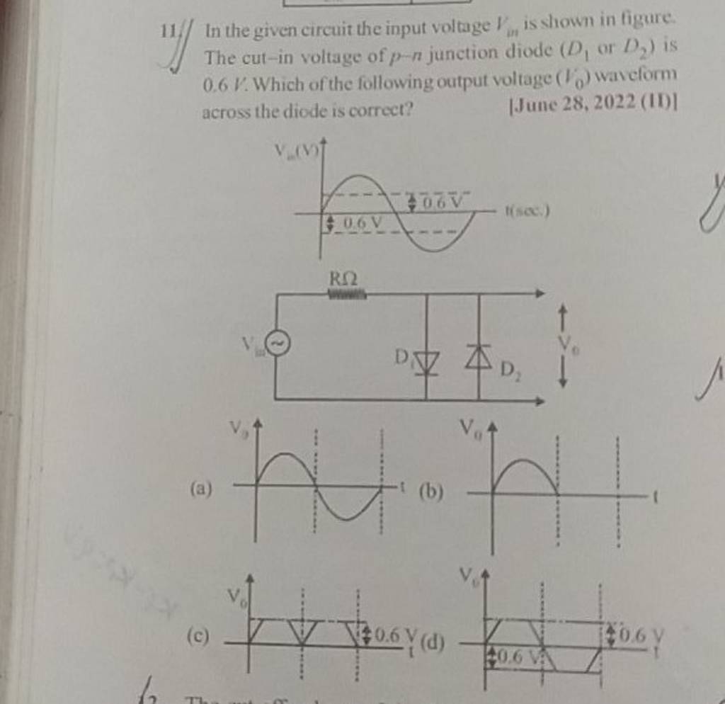 In the given circuit the input voltage Vin is shown in figare. The cut-..