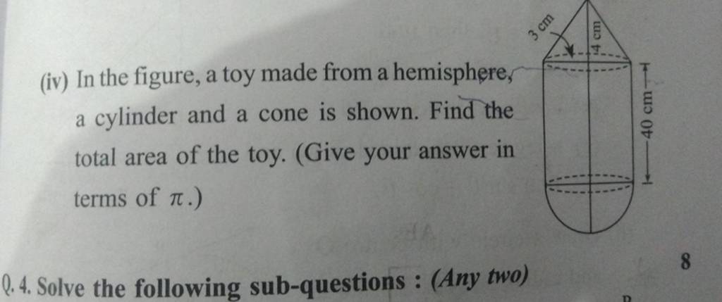 (iv) In the figure, a toy made from a hemisphere, a cylinder and a cone i..