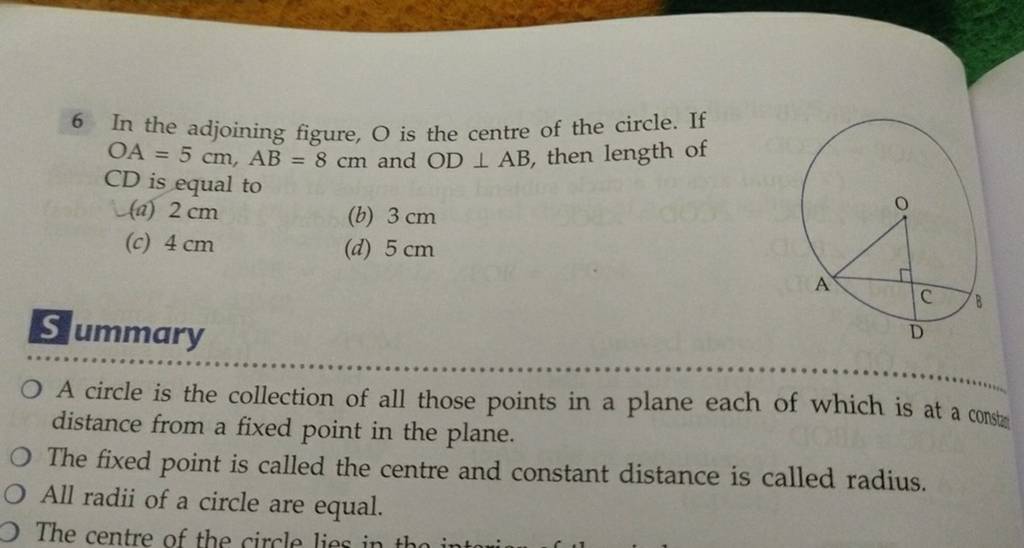 6 In the adjoining figure, O is the centre of the circle. If OA=5 cm,AB=8..