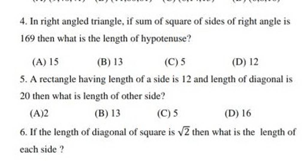 4. In right angled triangle, if sum of square of sides of right angle is