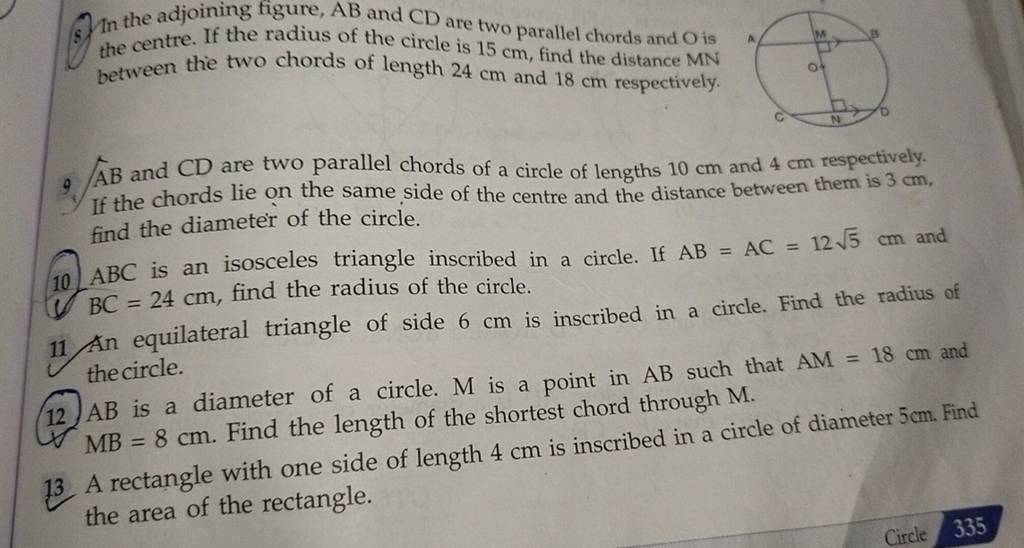 8. In the adjoining figure, AB and CD are two parallel chords and O is th..